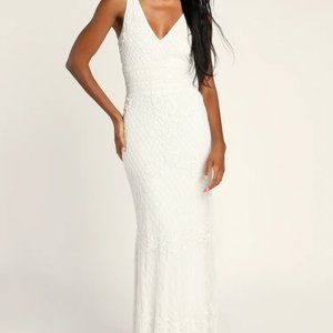 Lulus | Dresses | Lulus Simple Romance White Beaded Sequin Mermaid Maxi ...